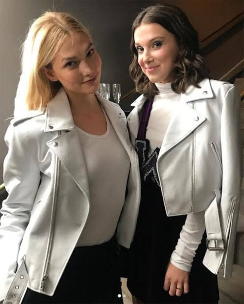 Millie Bobby Brown/karlie Kloss Women's White Slim Fit Motorcycle Biker ...