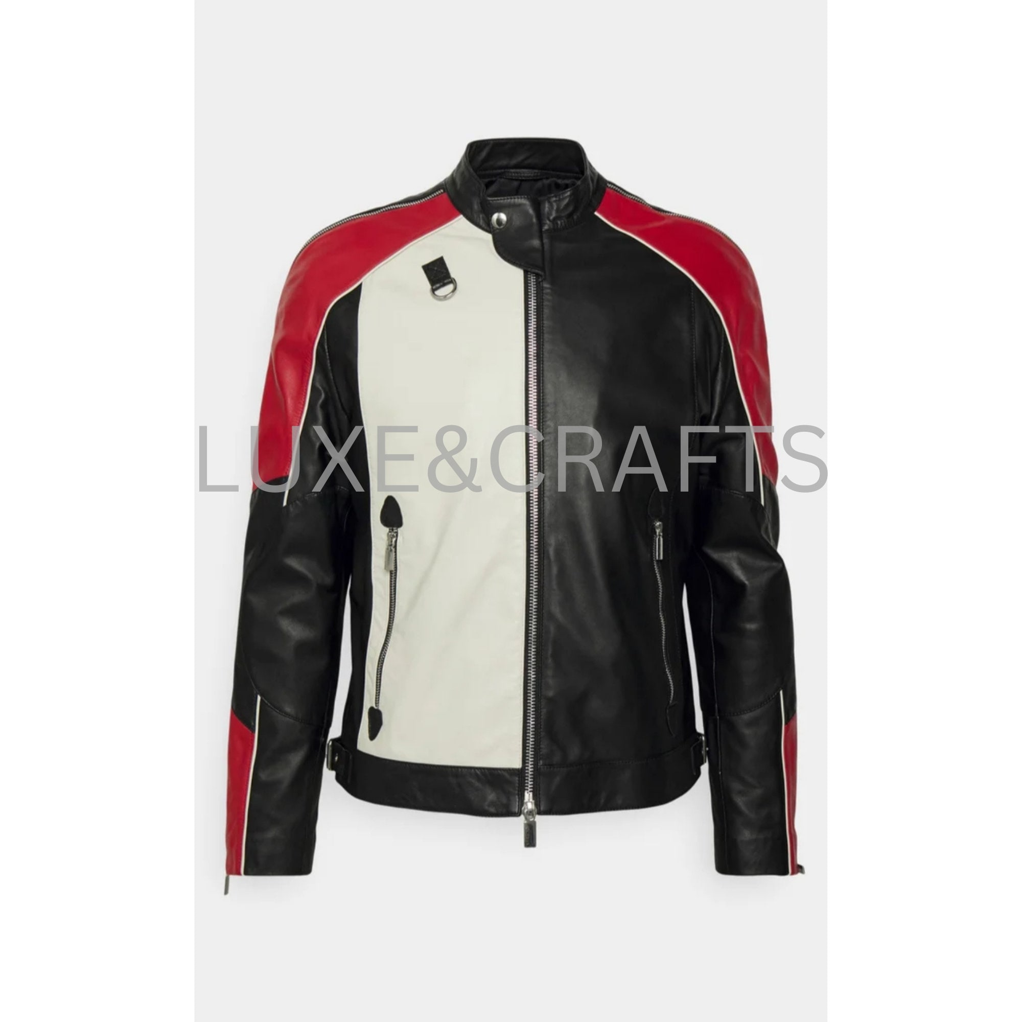 Men's Tri Color Solid Casual Motorcycle Biker Leather Jacket, Men's ...