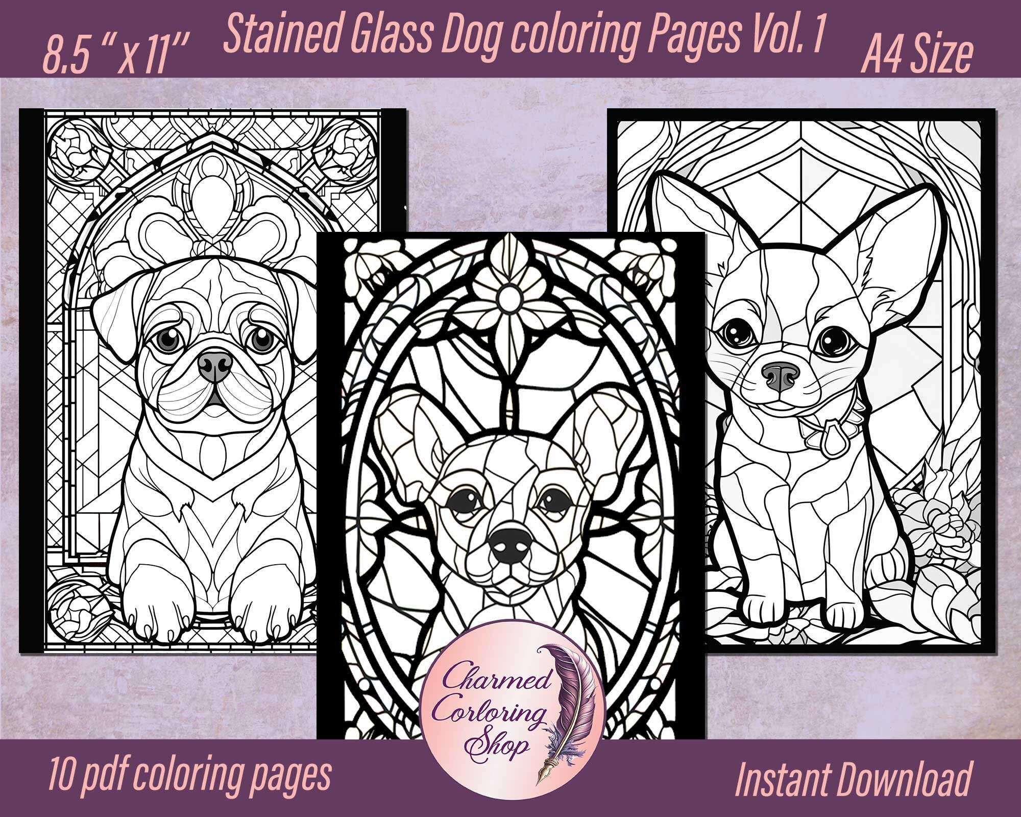 Stained Glass Dog Coloring Pages Vol. 1, 10 Digital PDF Files, Instant ...