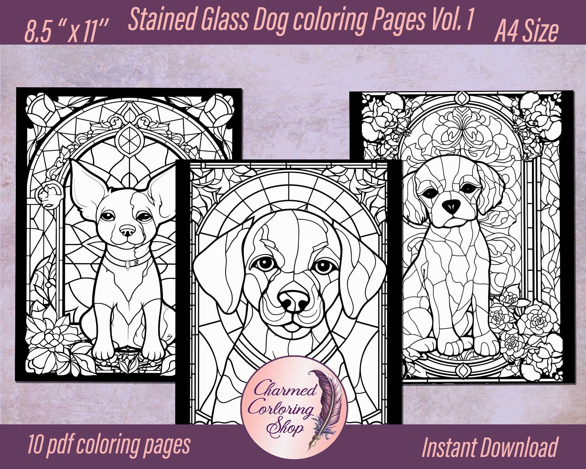 Stained Glass Dog Coloring Pages Vol. 1, 10 Digital PDF Files, Instant ...