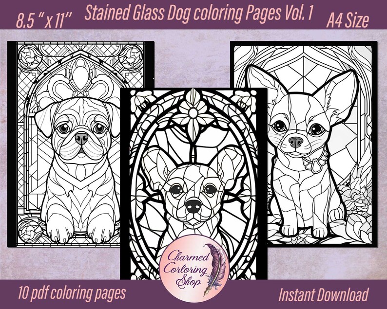Stained Glass Dog Coloring Pages Vol. 1, 10 Digital PDF Files, Instant ...