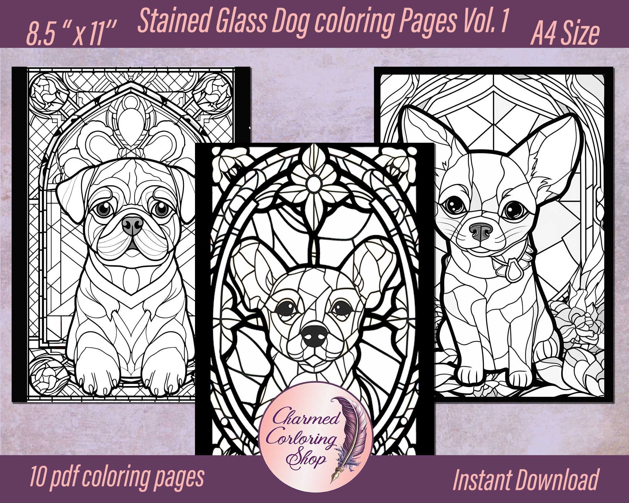 Stained Glass Dog Coloring Pages Vol. 1, 10 Digital PDF Files, Instant ...