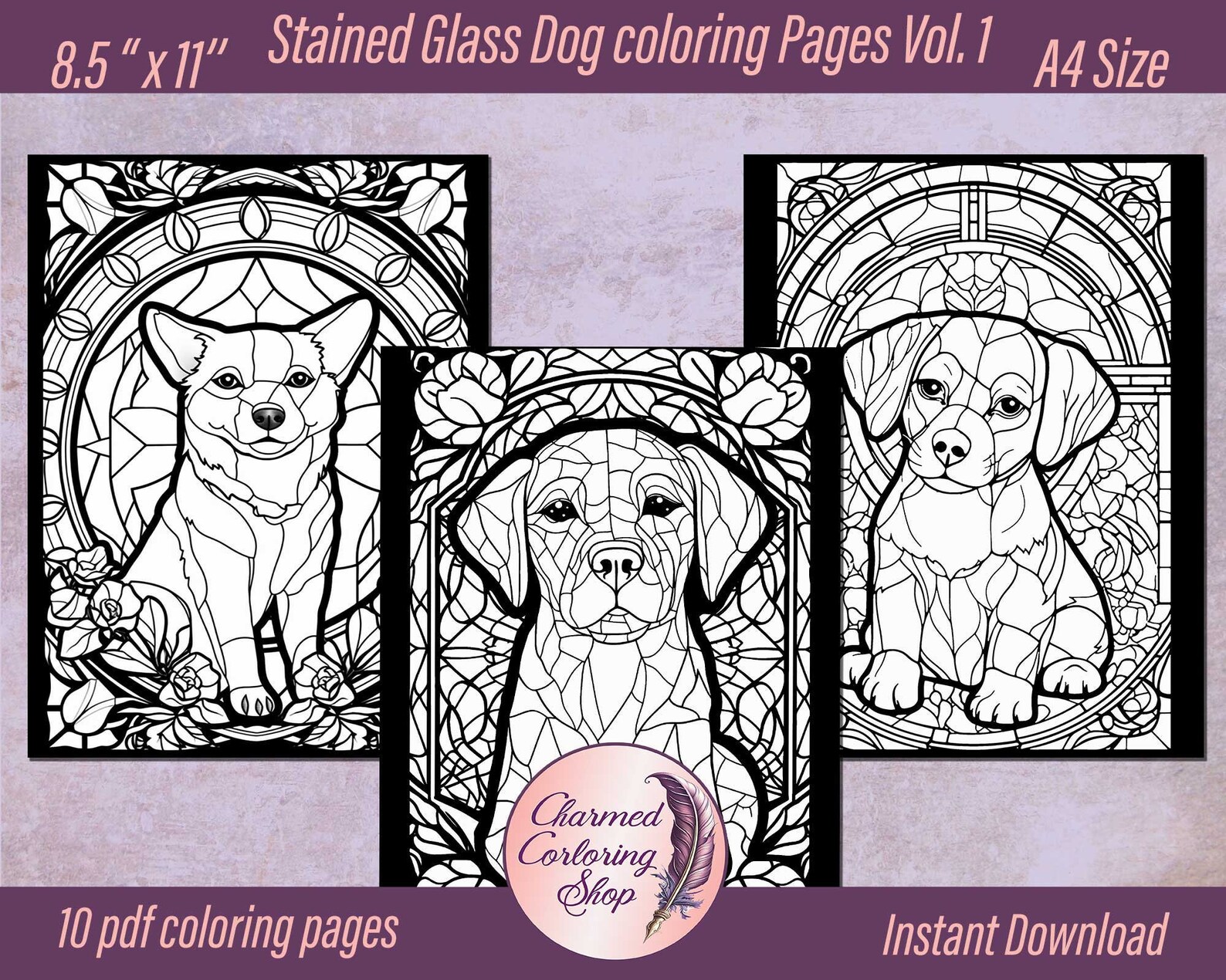 Stained Glass Dog Coloring Pages Vol. 1, 10 Digital PDF Files, Instant ...