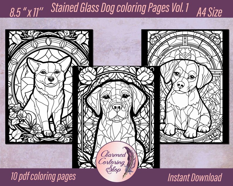 Stained Glass Dog Coloring Pages Vol. 1, 10 Digital PDF Files, Instant ...