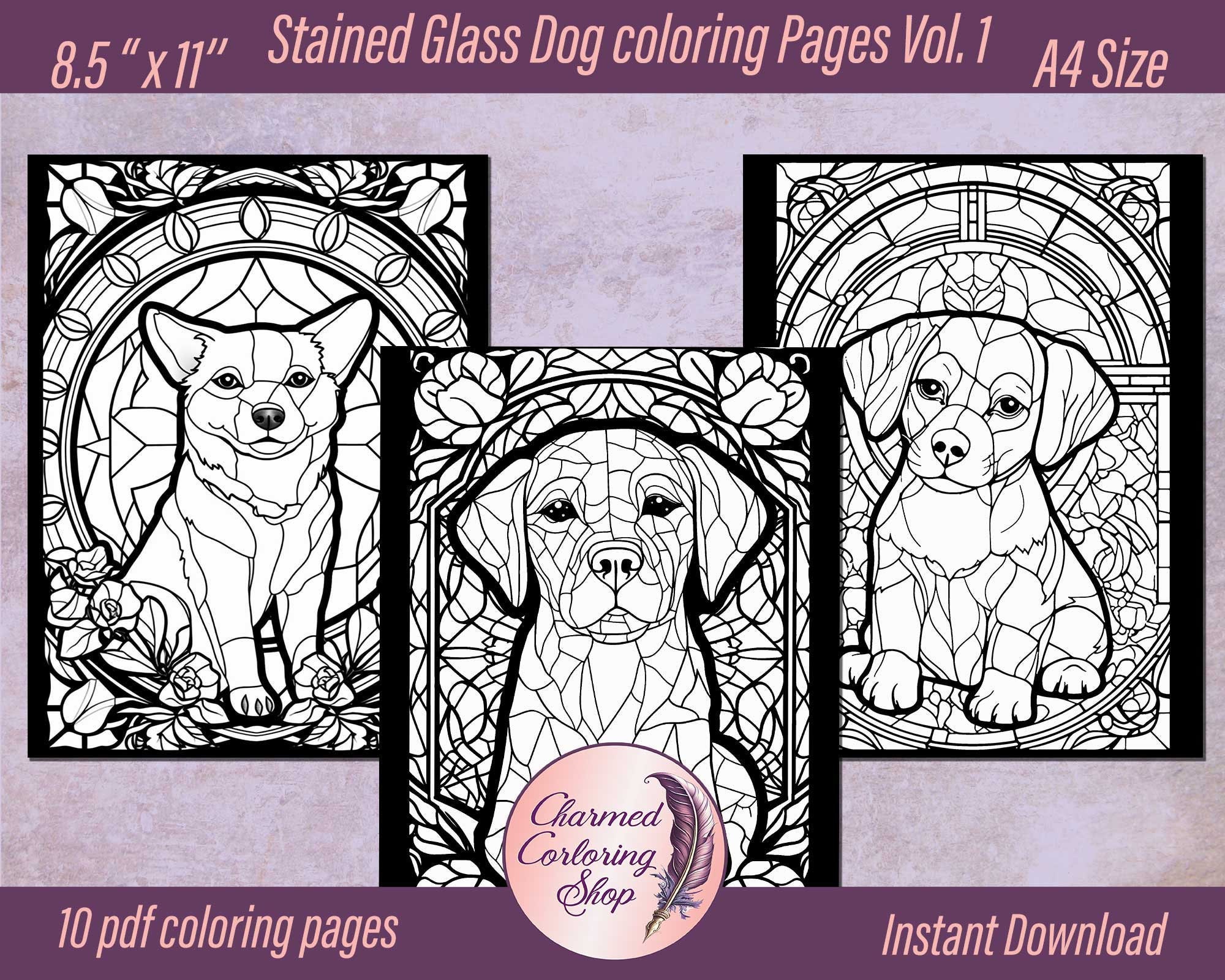 Stained Glass Dog Coloring Pages Vol. 1, 10 Digital PDF Files, Instant ...