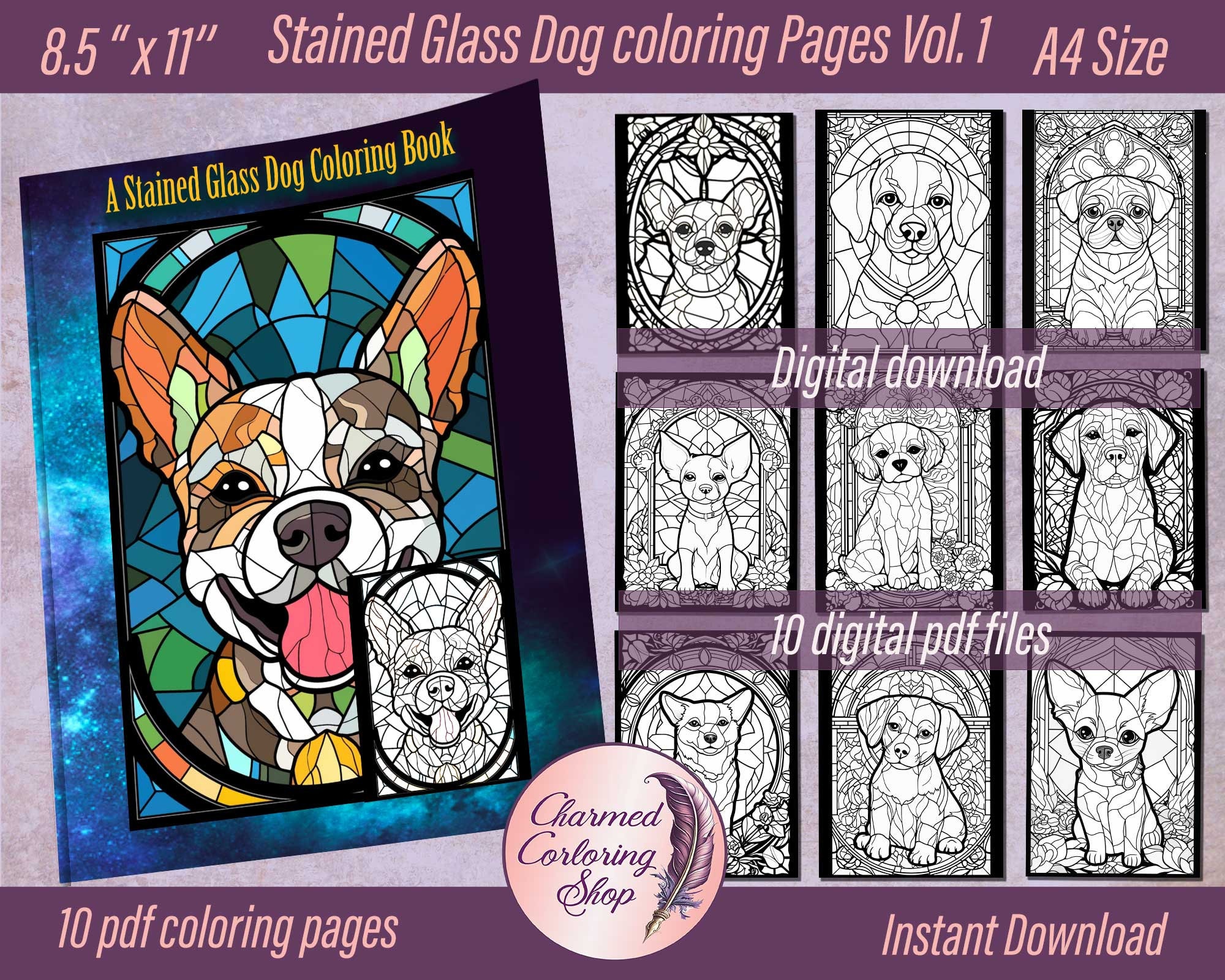 Stained Glass Dog Coloring Pages Vol. 1, 10 Digital PDF Files, Instant ...