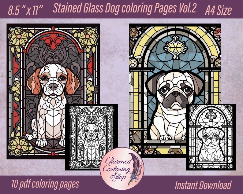 Dogs Stained Glass Style Coloring Pages Vol. 2, 10 Digital PDF Files ...