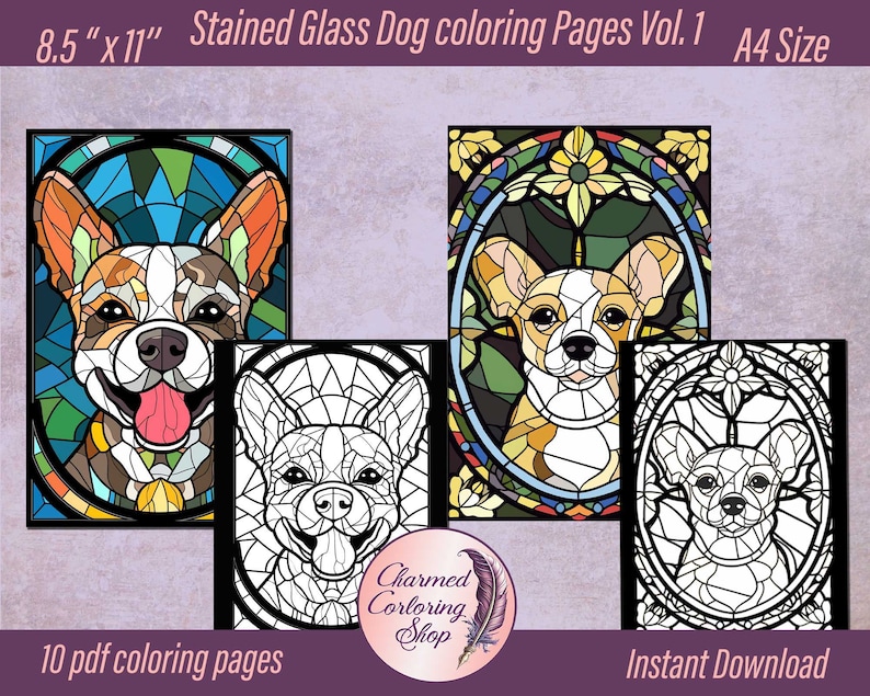 Stained Glass Dog Coloring Pages Vol. 1, 10 Digital PDF Files, Instant ...
