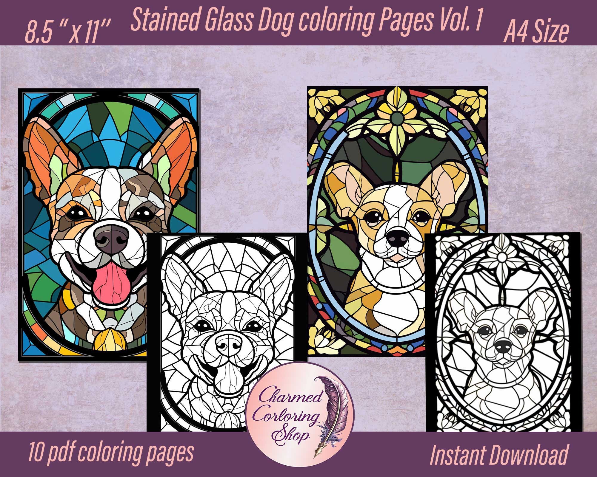 Stained Glass Dog Coloring Pages Vol. 1, 10 Digital PDF Files, Instant ...