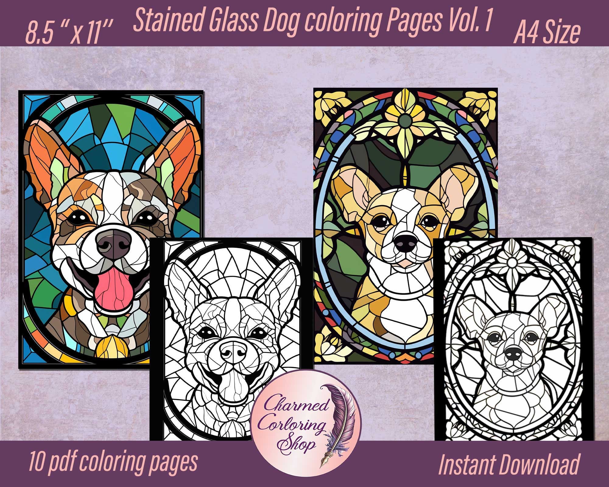 Stained Glass Dog Coloring Pages Vol. 1, 10 Digital PDF Files, Instant ...