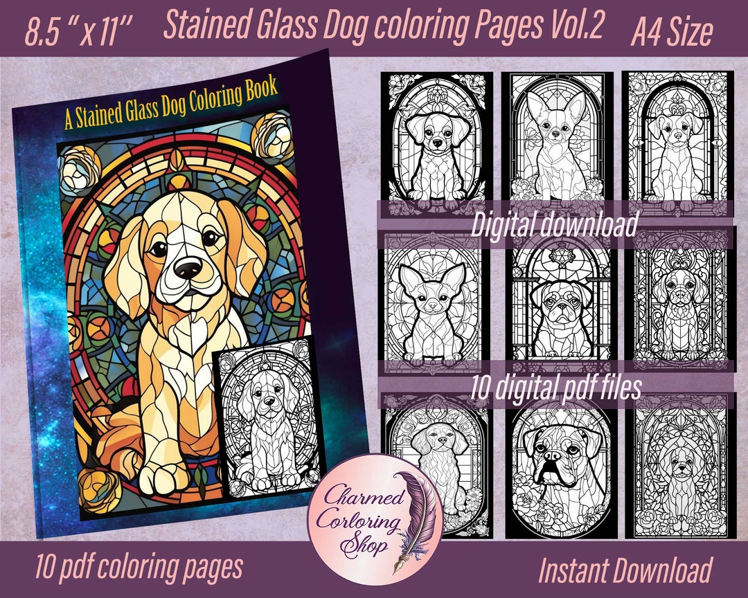 Dogs Stained Glass Style Coloring Pages Vol. 2, 10 Digital PDF Files ...
