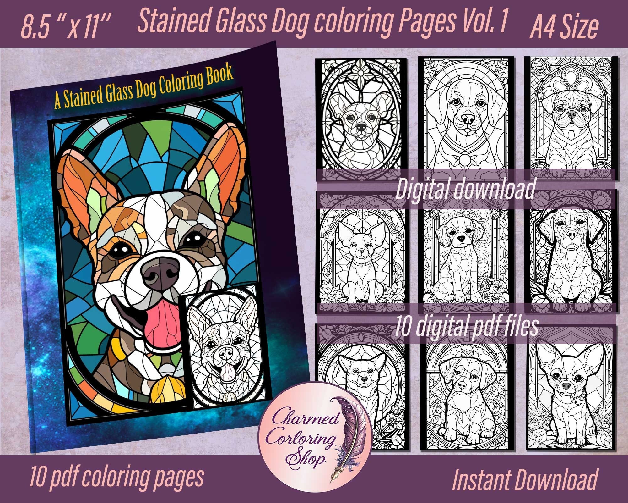 Stained Glass Dog Coloring Pages Vol. 1, 10 Digital PDF Files, Instant ...