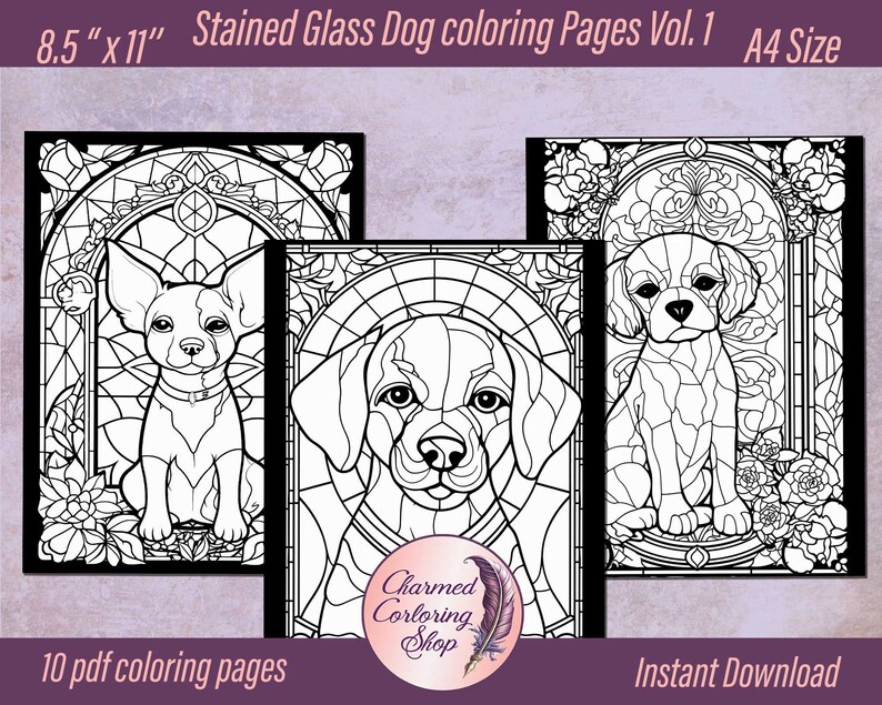 Stained Glass Dog Coloring Pages Vol. 1, 10 Digital PDF Files, Instant ...