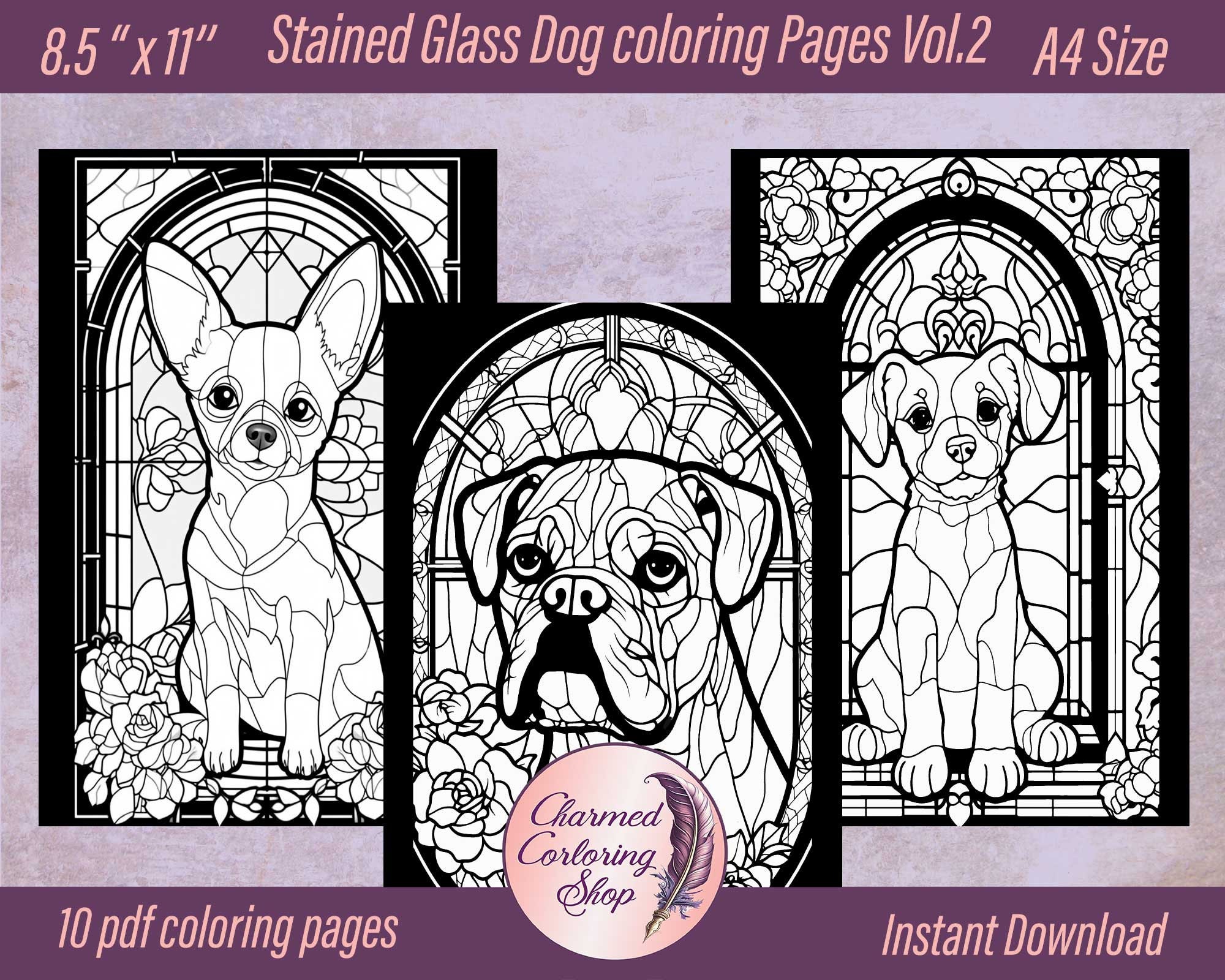 Dogs Stained Glass Style Coloring Pages Vol. 2, 10 Digital PDF Files ...