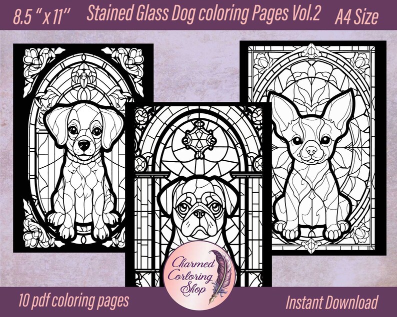 Dogs Stained Glass Style Coloring Pages Vol. 2, 10 Digital PDF Files ...