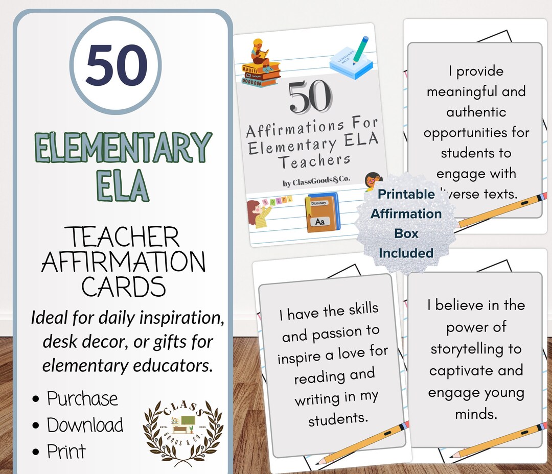 Elementary ELA Teacher Affirmation Cards, Printable PDF Cards and Box ...
