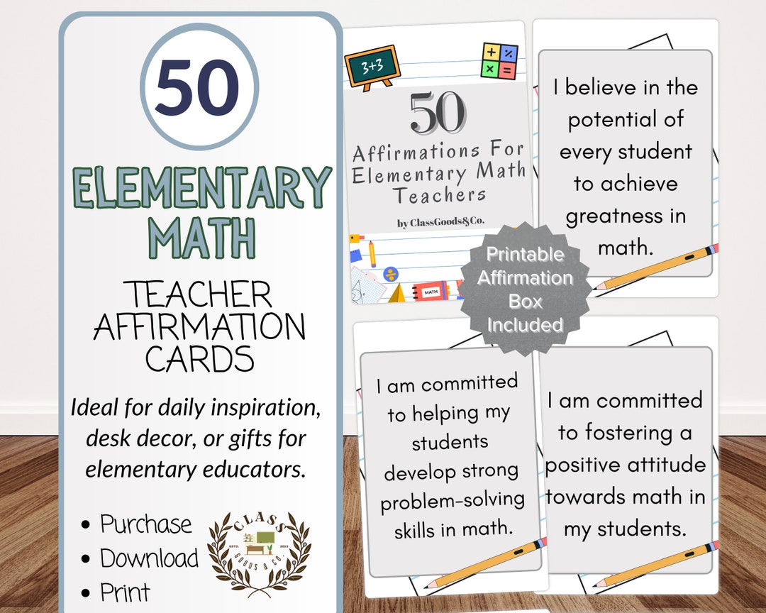 Elementary Math Teacher Affirmation Cards, Printable PDF Cards and Box ...