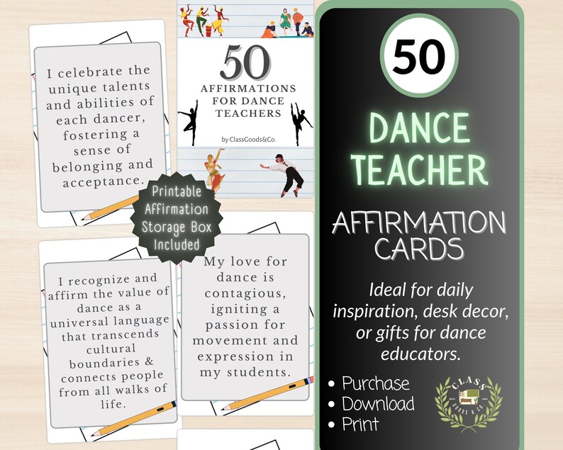 Dance Teacher Affirmation Cards, Printable PDF Cards and Box, Positive Affirmations, 2.5x3.5 in ...