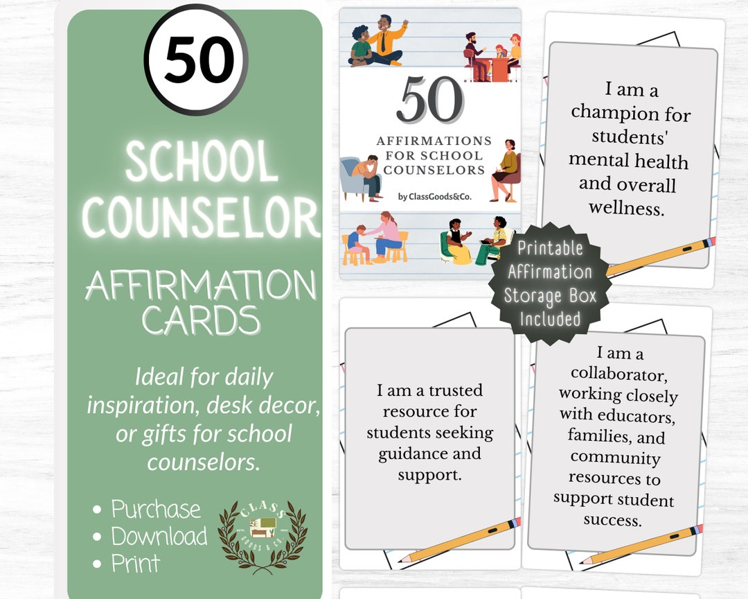 50 Positive Affirmation Cards for School Counselors, Printable PDF Card ...