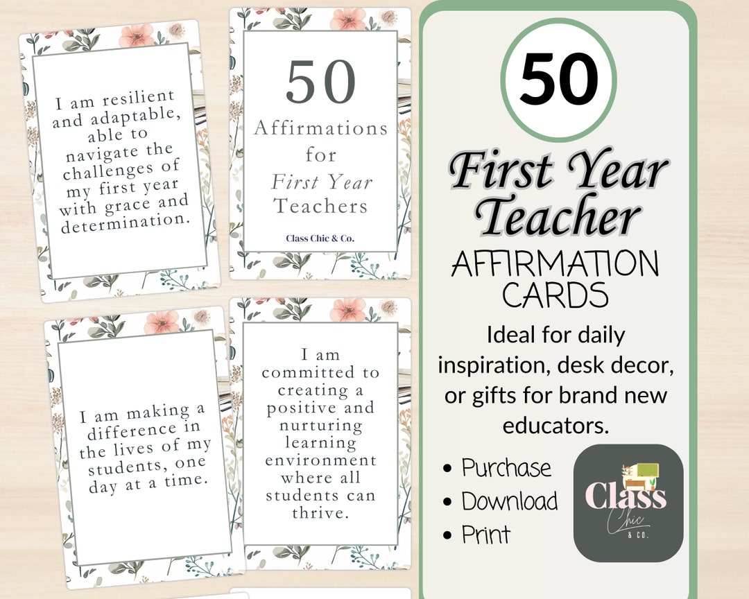 50 First Year Teacher Affirmation Cards, Printable PDF Card Set ...