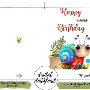 Printable Birthday Card, Happy Belated Birthday Greeting Card, Snail ...