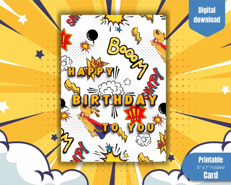 Superhero Comic Birthday Card – POW! BAM! KABOOM! Instant Download ...