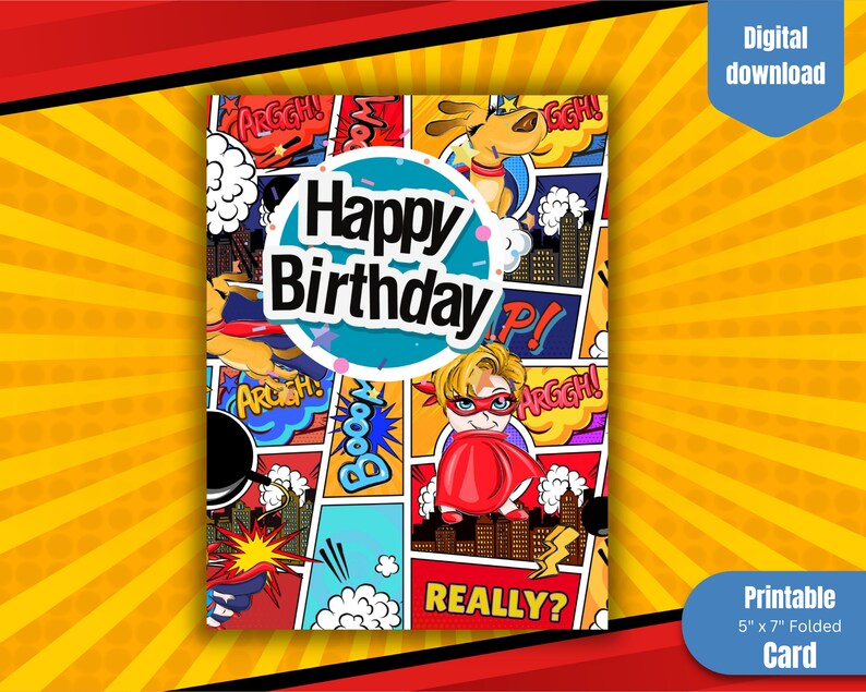 Superhero Comic Birthday Card – POW! BAM! KABOOM! Instant Download ...