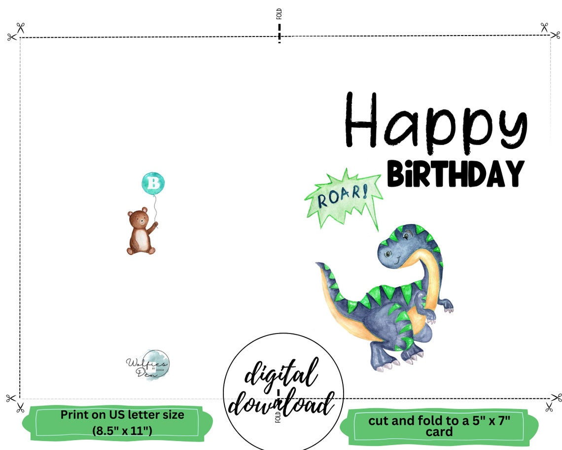 Printable Birthday Card, Happy Birthday Greeting Card, Dinosaur ...