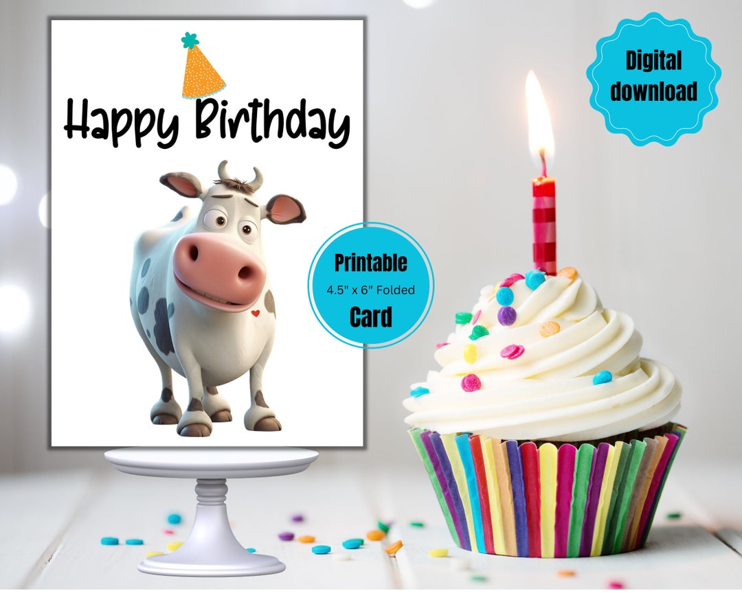 Printable Birthday Card, Happy Birthday Animal Greeting Card, Cow ...