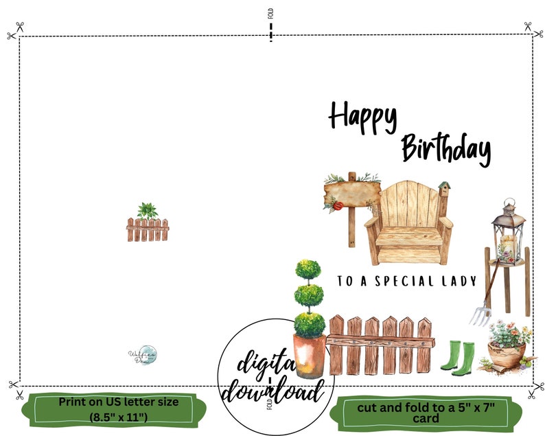 Printable Birthday Card, Happy Birthday Greeting Card, Garden Bench ...