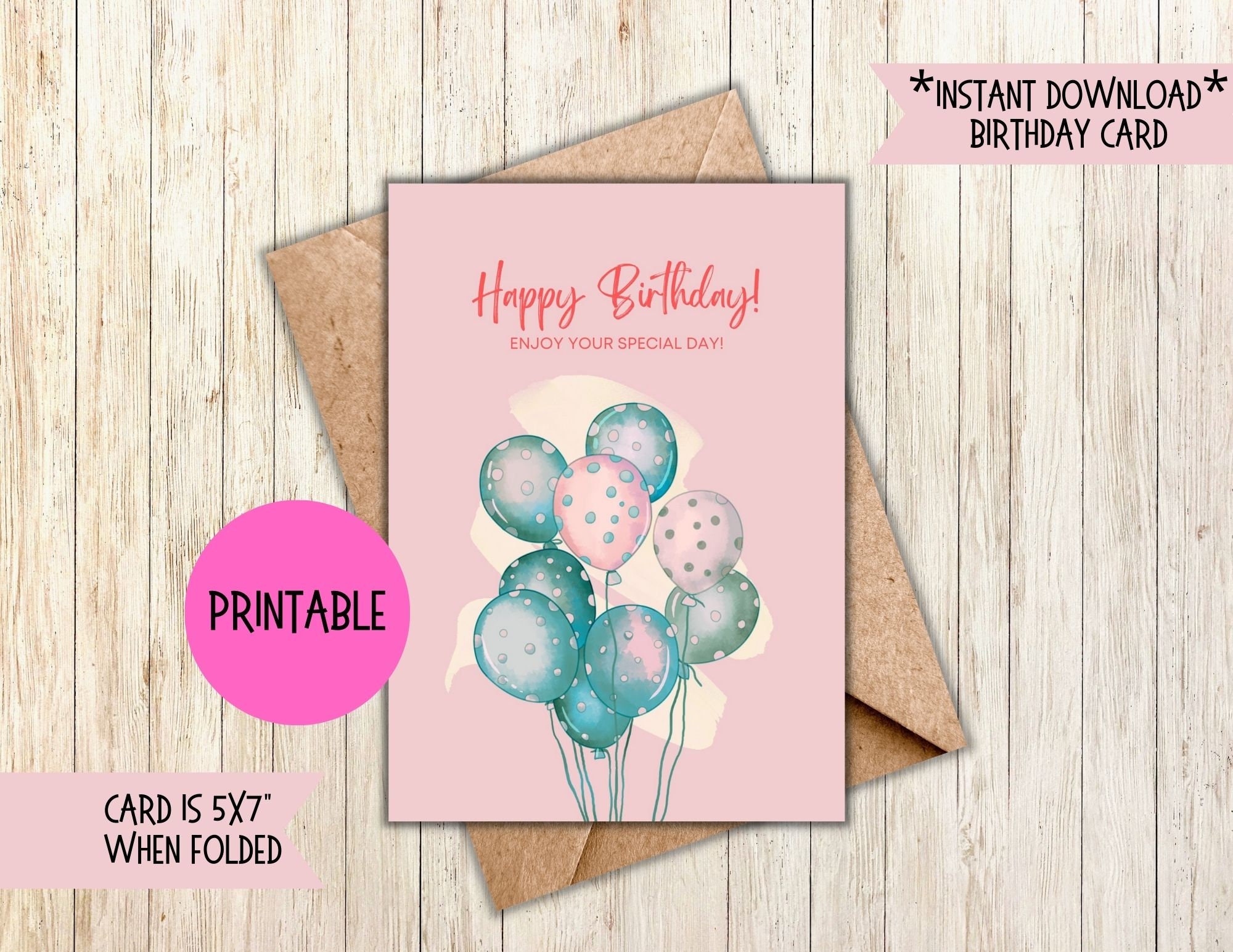 Printable Birthday Card, Happy Birthday Greeting Card, Balloon Birthday ...