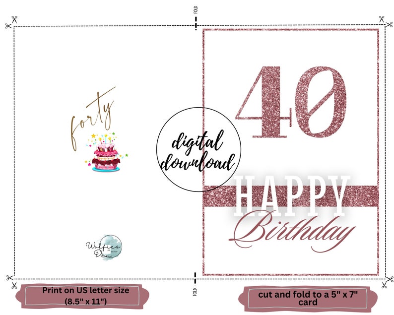 Printable Birthday Card, Happy Birthday Greeting Card, 40th Birthday ...