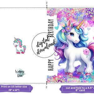 Unicorn Birthday Card, Pink and Purple Colourful Girly Card, Instant ...