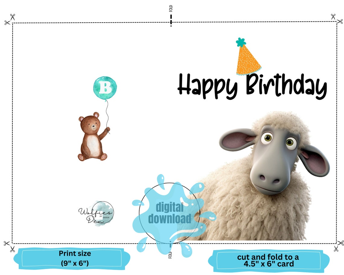 Printable Birthday Card, Happy Birthday Animal Greeting Card, Sheep ...