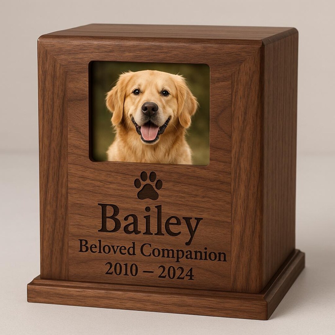 Personalized Wooden Dog Urn | Walnut Pet Memorial Box With Photo Slot ...
