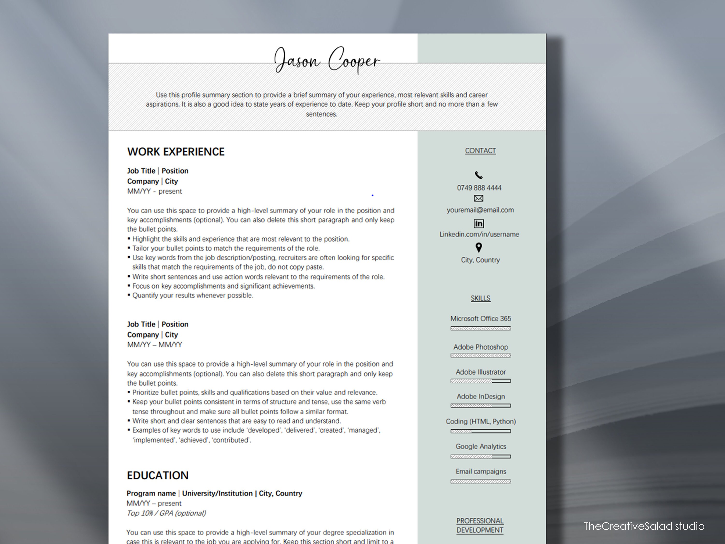 1 and 2 Page CV RESUME TEMPLATE Professional, Modern Design, Microsoft ...