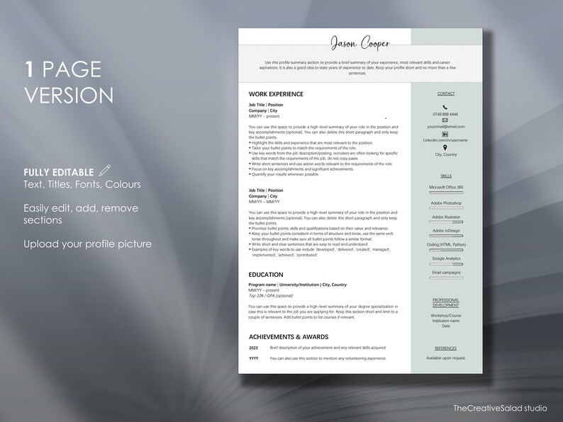 1 and 2 Page CV RESUME TEMPLATE Professional, Modern Design, Microsoft ...