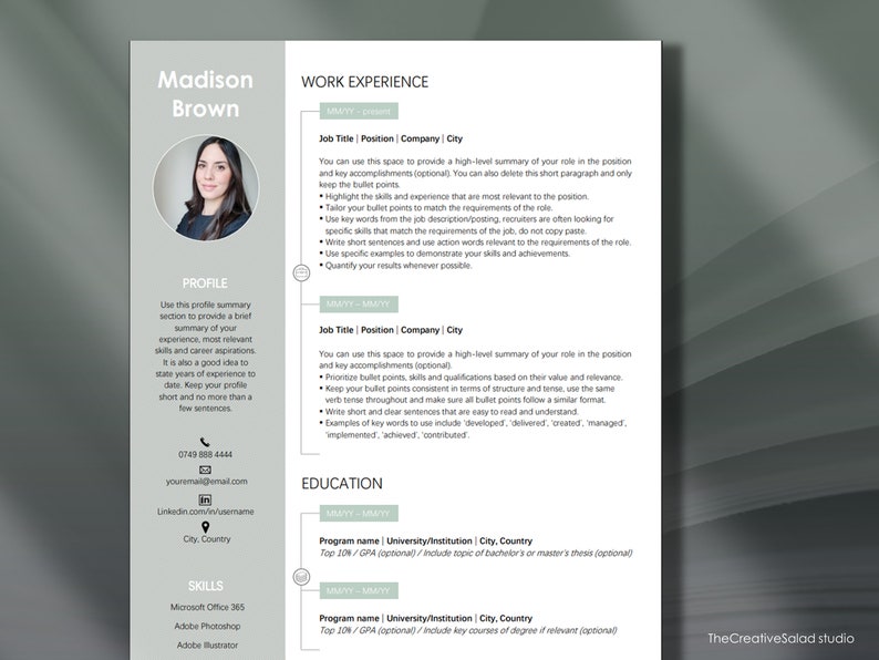 Light Green 1 and 2 Page CV TEMPLATE Professional, Modern Design ...