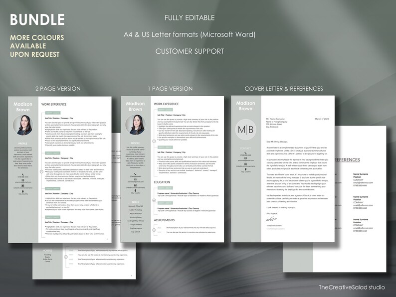 5 Colours Bundle, 1 and 2 Page CV RESUME Template Professional, Modern ...