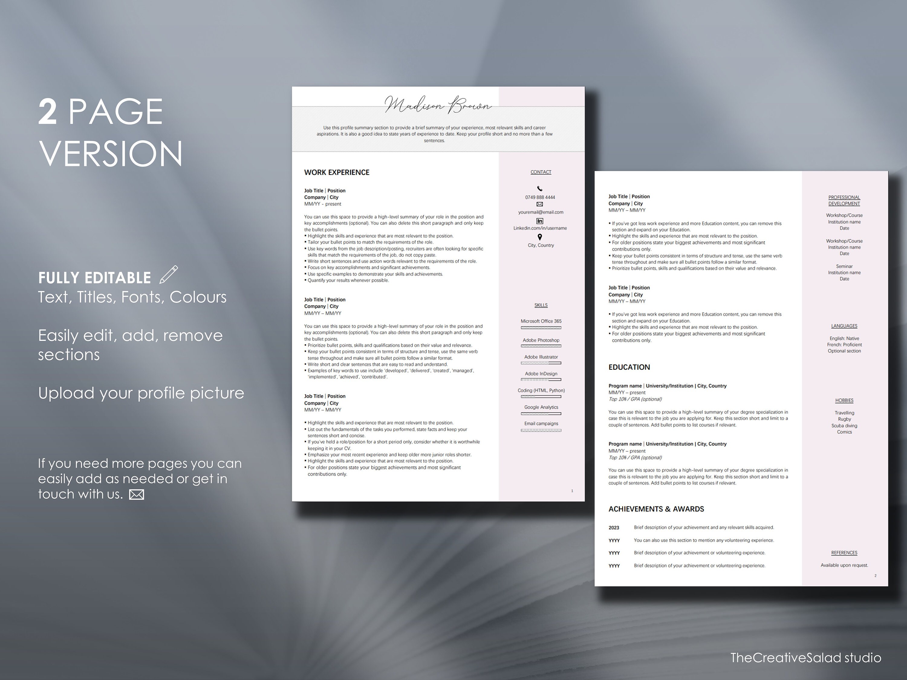 1 and 2 Page RESUME TEMPLATE Professional, Modern Design, Microsoft ...