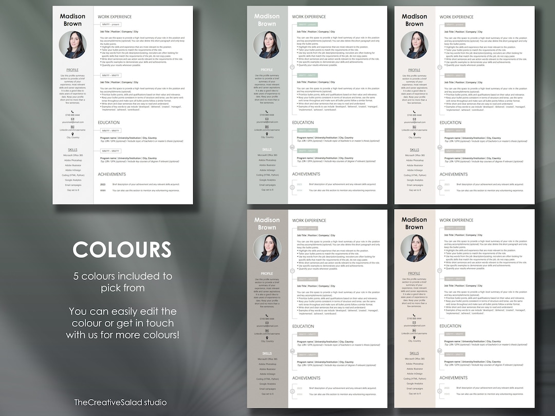 5 Colours Bundle, 1 and 2 Page CV RESUME Template Professional, Modern ...