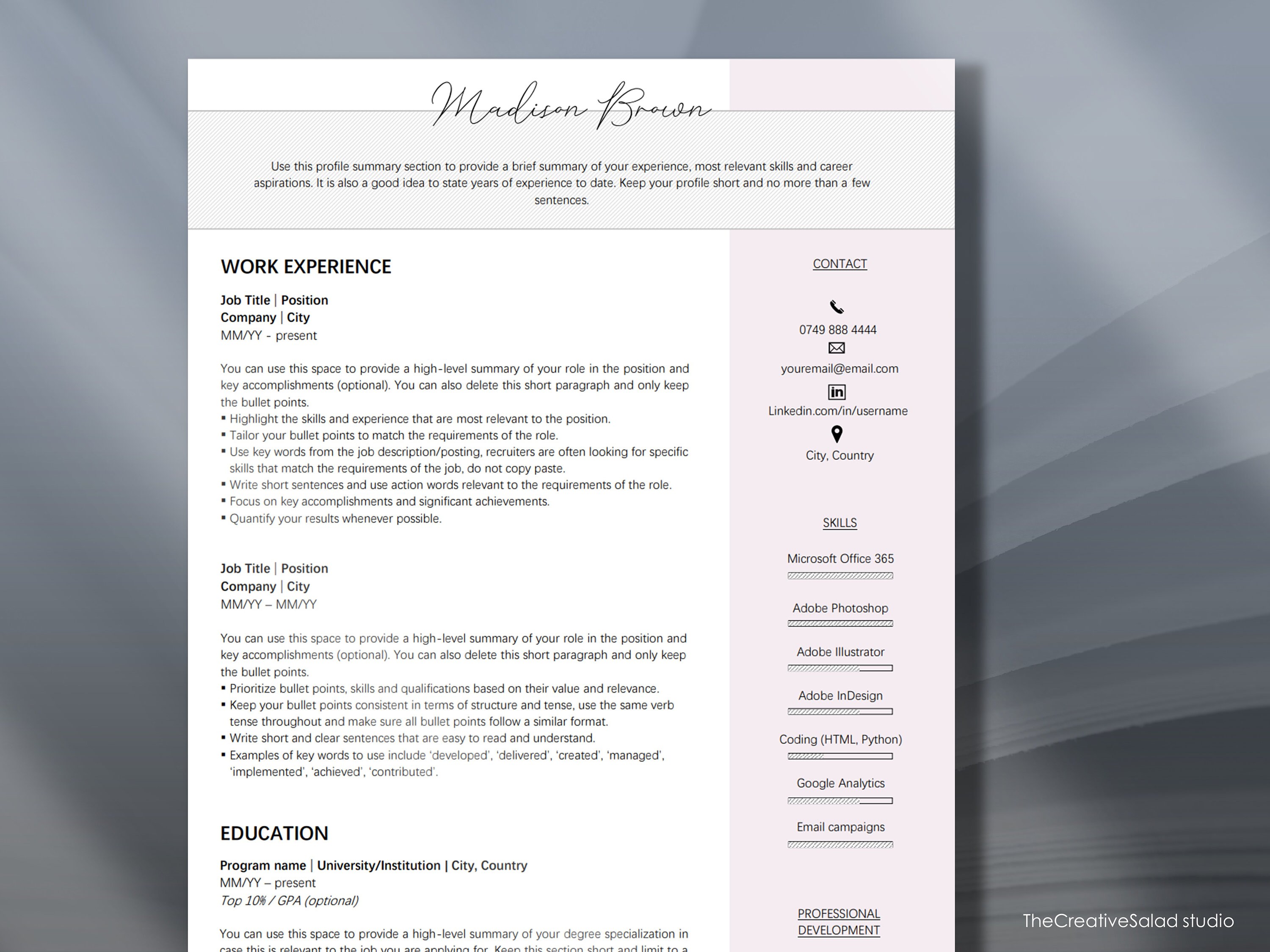 1 and 2 Page RESUME TEMPLATE Professional, Modern Design, Microsoft Word. Bundled With Cover ...