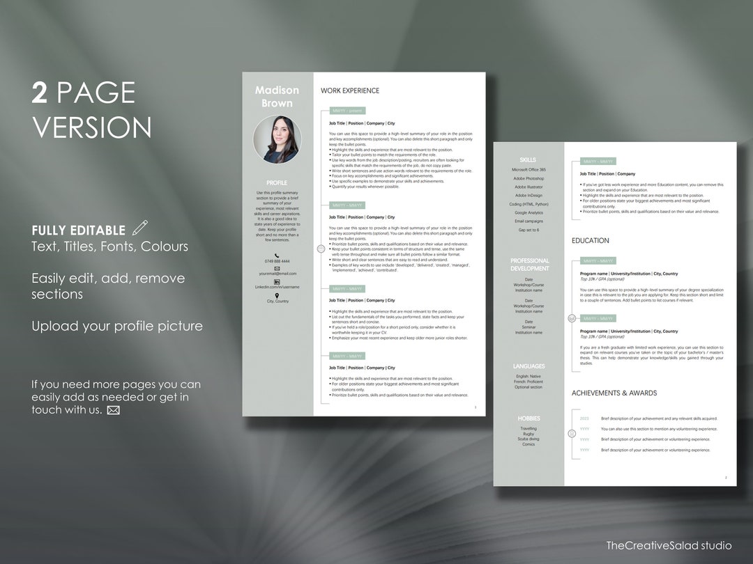 Light Green 1 and 2 Page CV TEMPLATE Professional, Modern Design ...