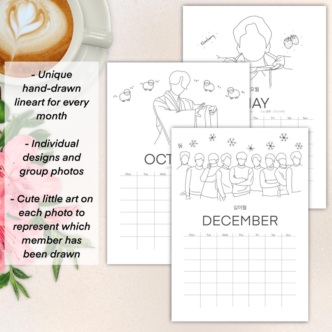 2025 EXO 엑소 Handmade Line Art Calendar Planner Diary Journal Perpetual ...