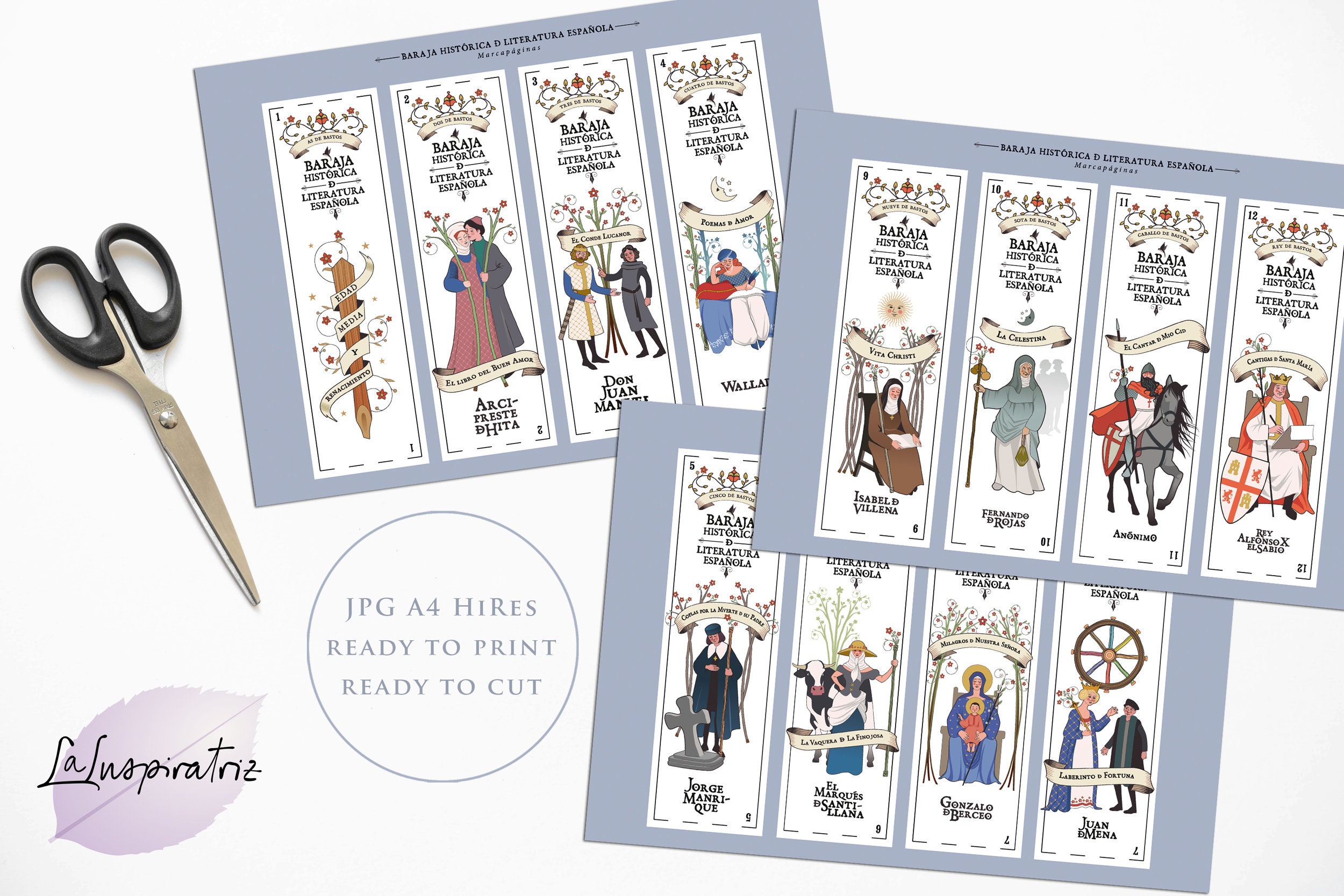 12 PRINTABLE BOOKMARKS Historic Spanish Literature. Playing Cards ART ...