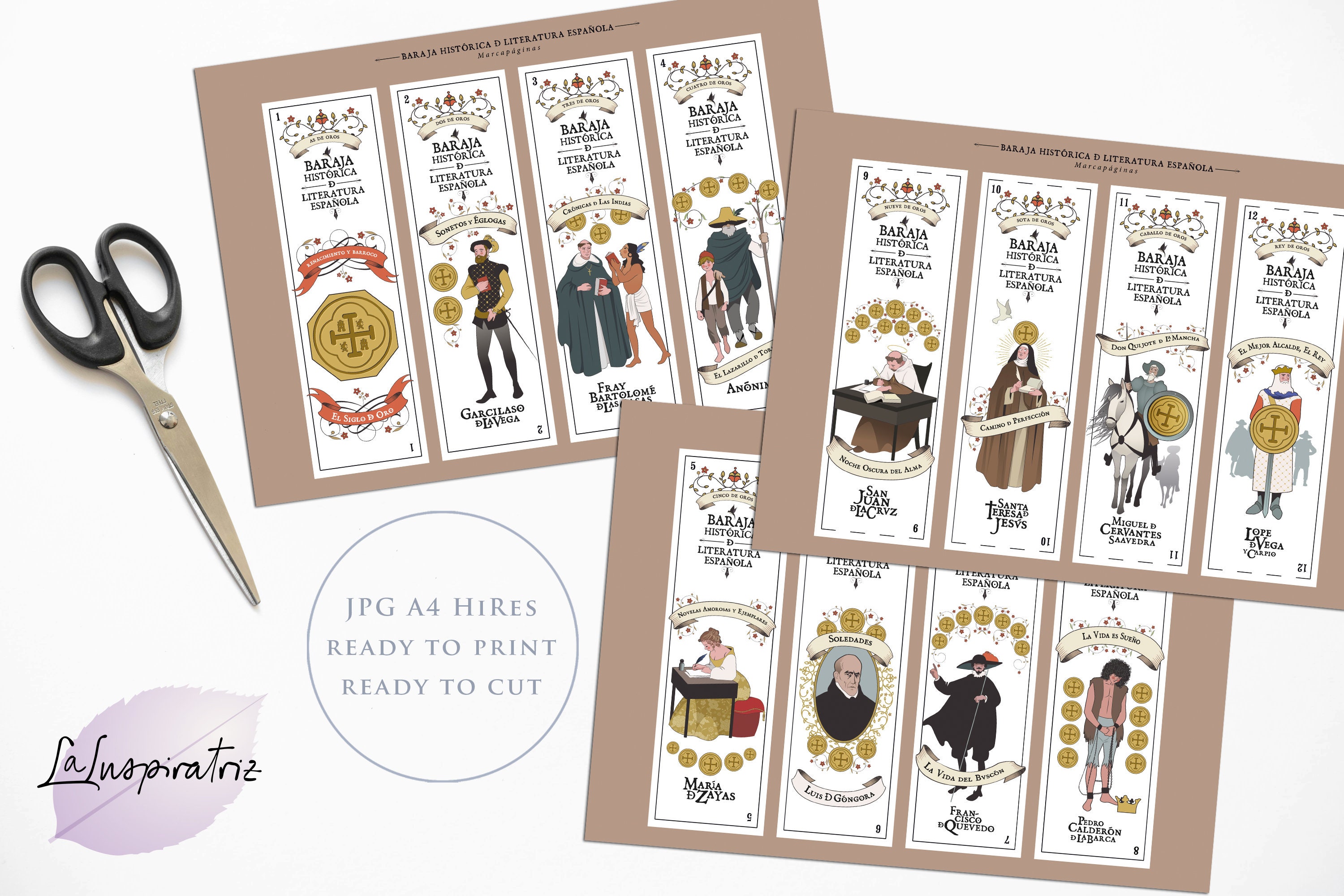 12 PRINTABLE BOOKMARKS Historic Spanish Literature. Playing Cards ART ...