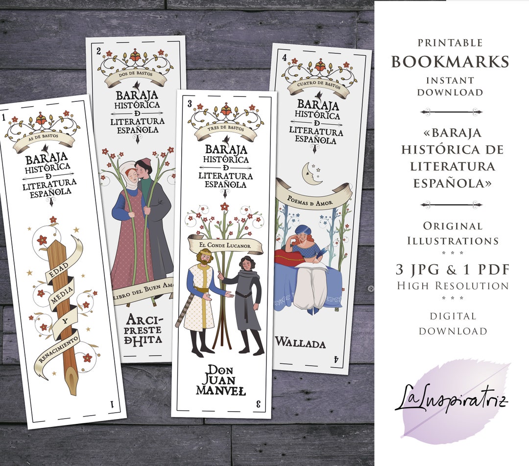 12 PRINTABLE BOOKMARKS Historic Spanish Literature. Playing Cards ART ...