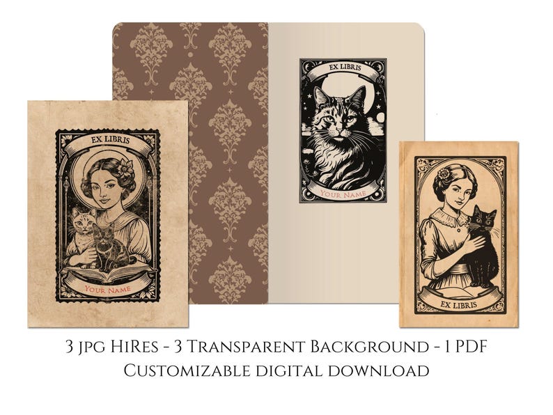 3 VINTAGE BOOKPLATE Exlibris Cats and Girls. DIGITAL Download Ready to ...