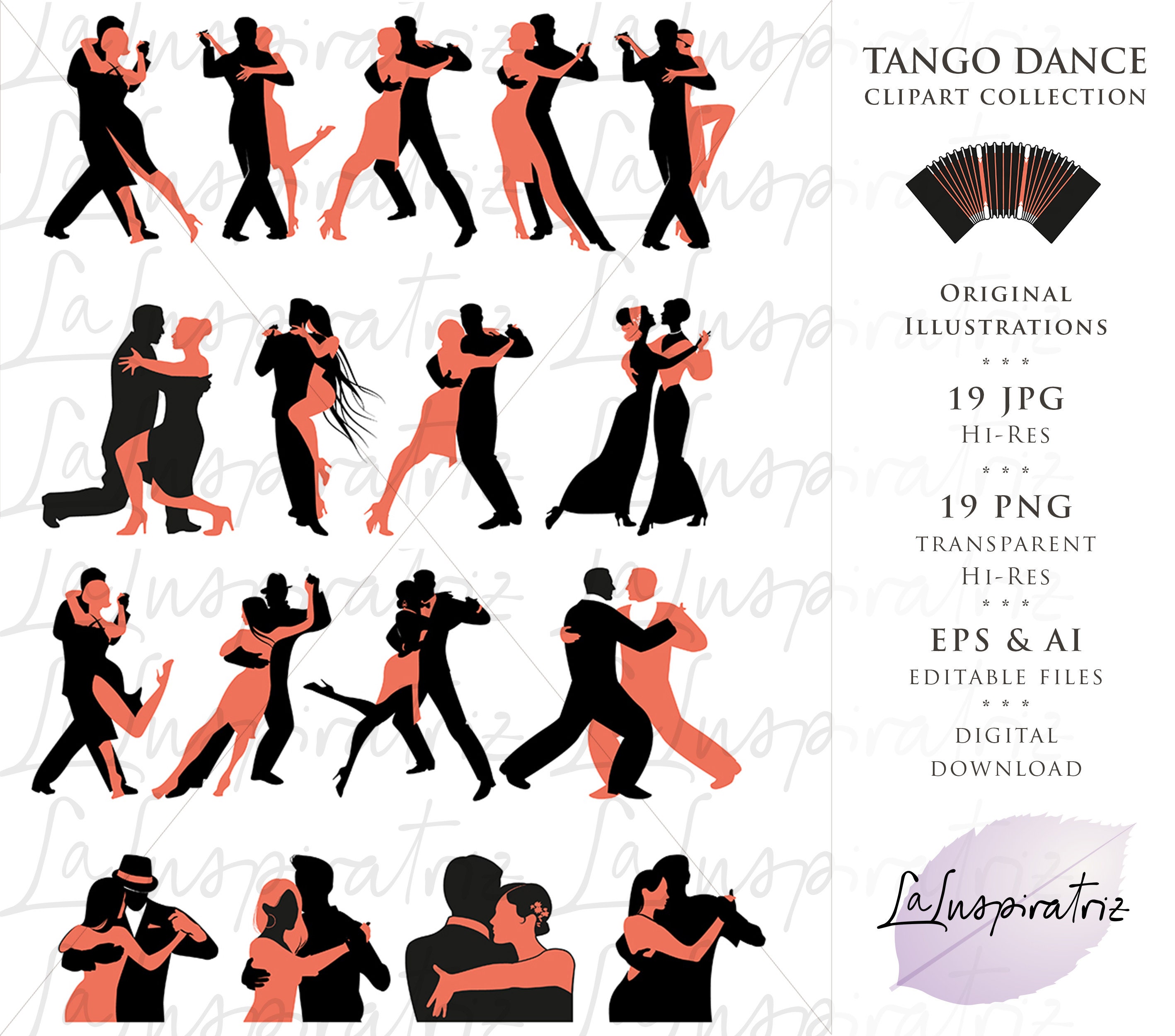 TANGO DANCERS CLIPART. Original Tango Clipart Illustrations. Downloadable. Png - Jpg Hires ...