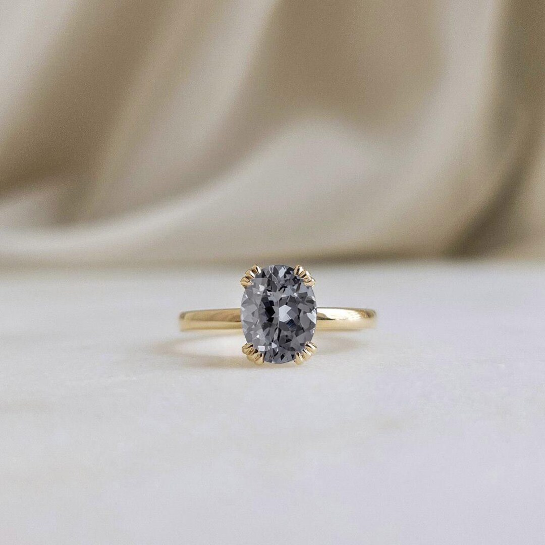 AAA Grey Spinel Ring, Oval Solitaire Gold 14k Wedding Ring, Gray Spinel ...